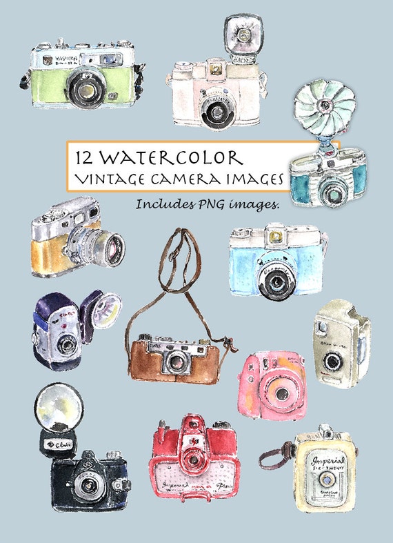 CLIP ART Watercolor Vintage Camera Set. 12 Images. Digital | Etsy