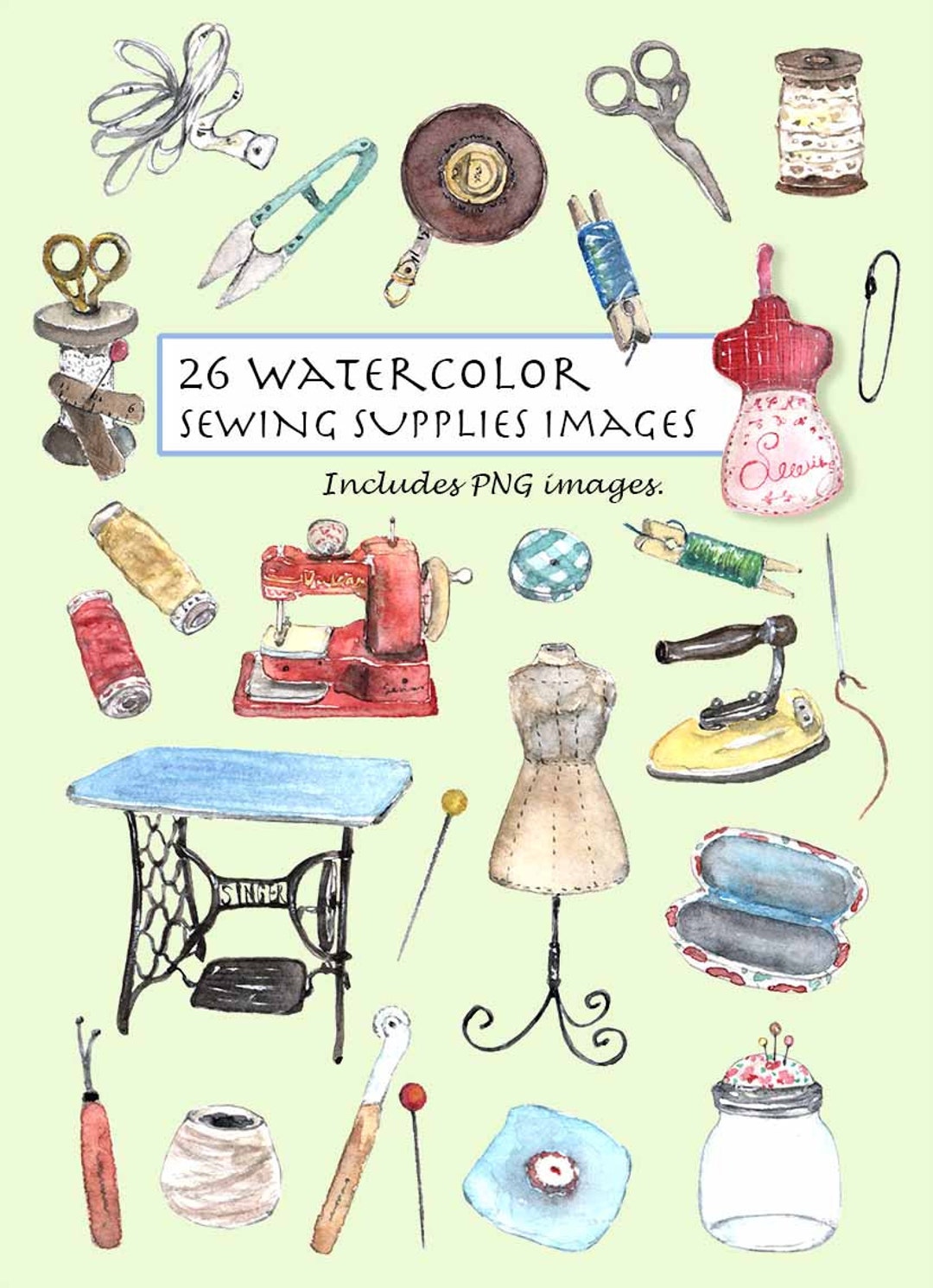 CLIP ART- Watercolor Vintage Sewing Supplies Set. 26 Images. Digital ...