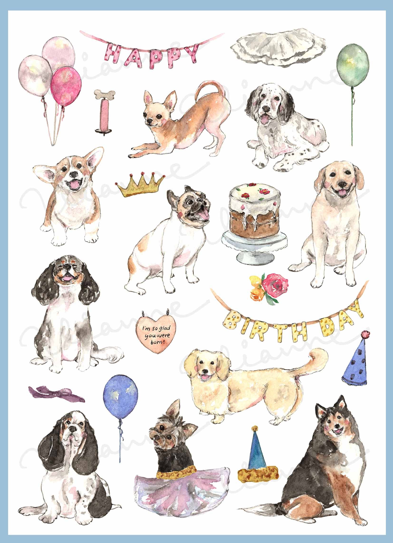 CLIP ART Watercolor Birthday Dog Set. 24 Images. Digital | Etsy