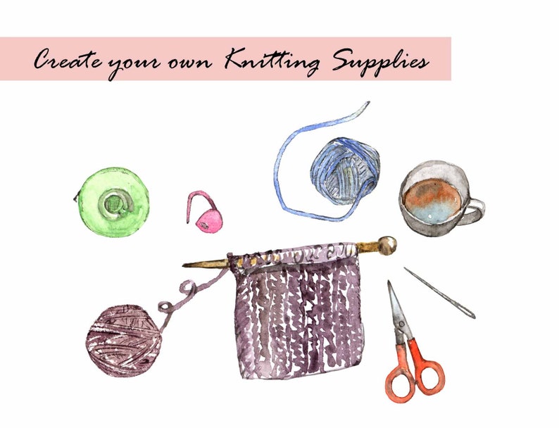 Watercolor Knitting Supplies Clip Art: 26 PNG Images (digital Download ...
