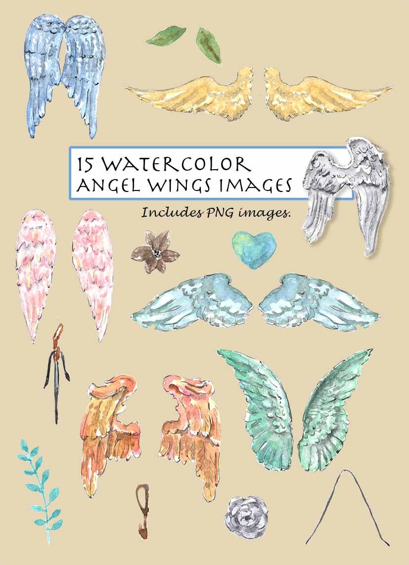 CLIP ART- Watercolor Vintage Angel Wings Set. 15 Images. Digital ...