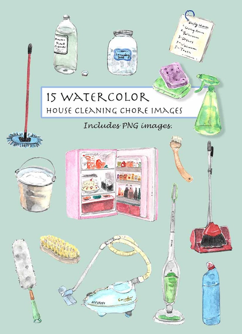 CLIP ART- Watercolor Vintage House Cleaning Chores Set. 15 Images ...