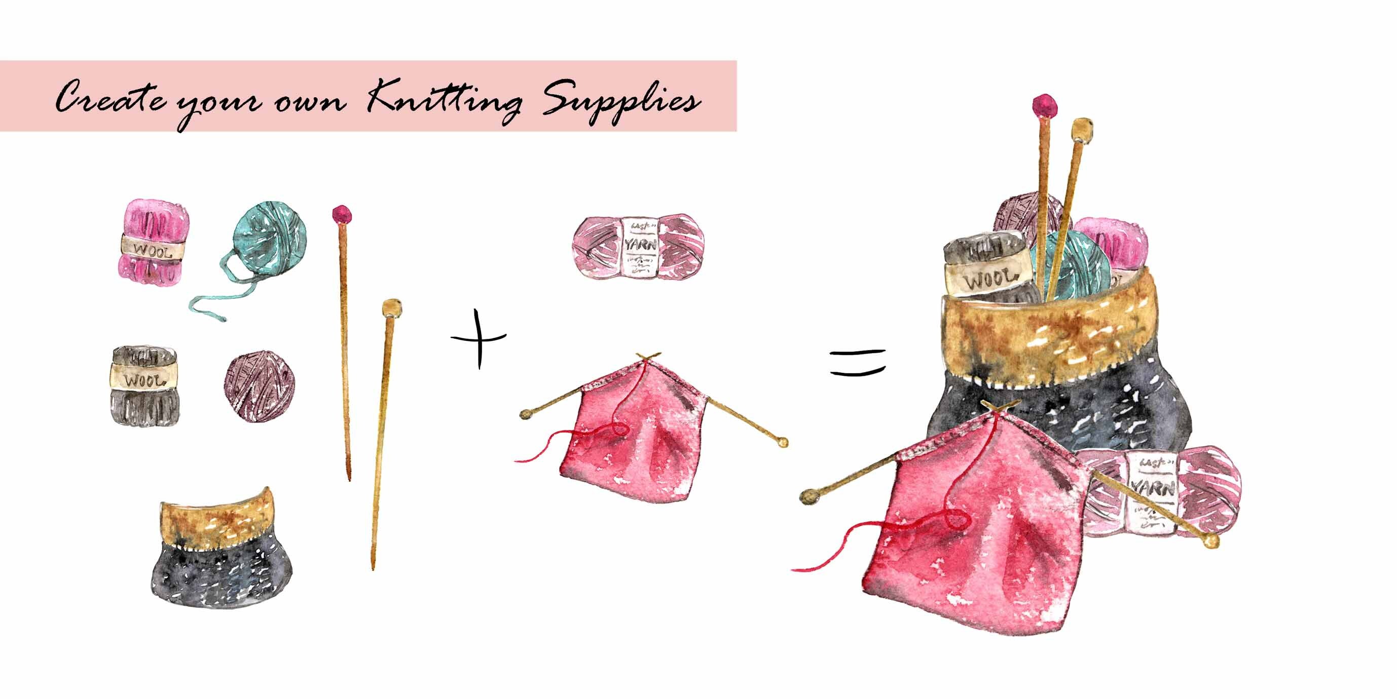 Watercolor Knitting Supplies Clip Art: 26 PNG Images (digital Download ...