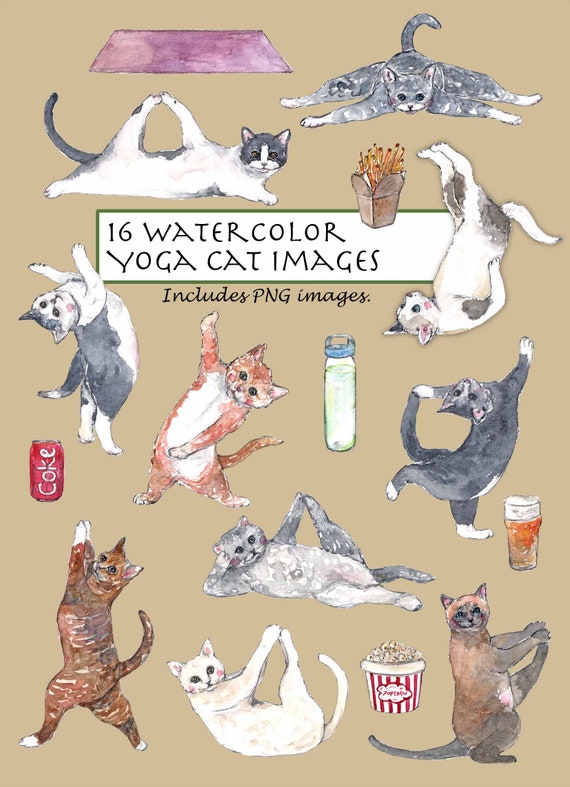 CLIP ART Watercolor Yoga Cat Set. 16 Images. Digital - Etsy