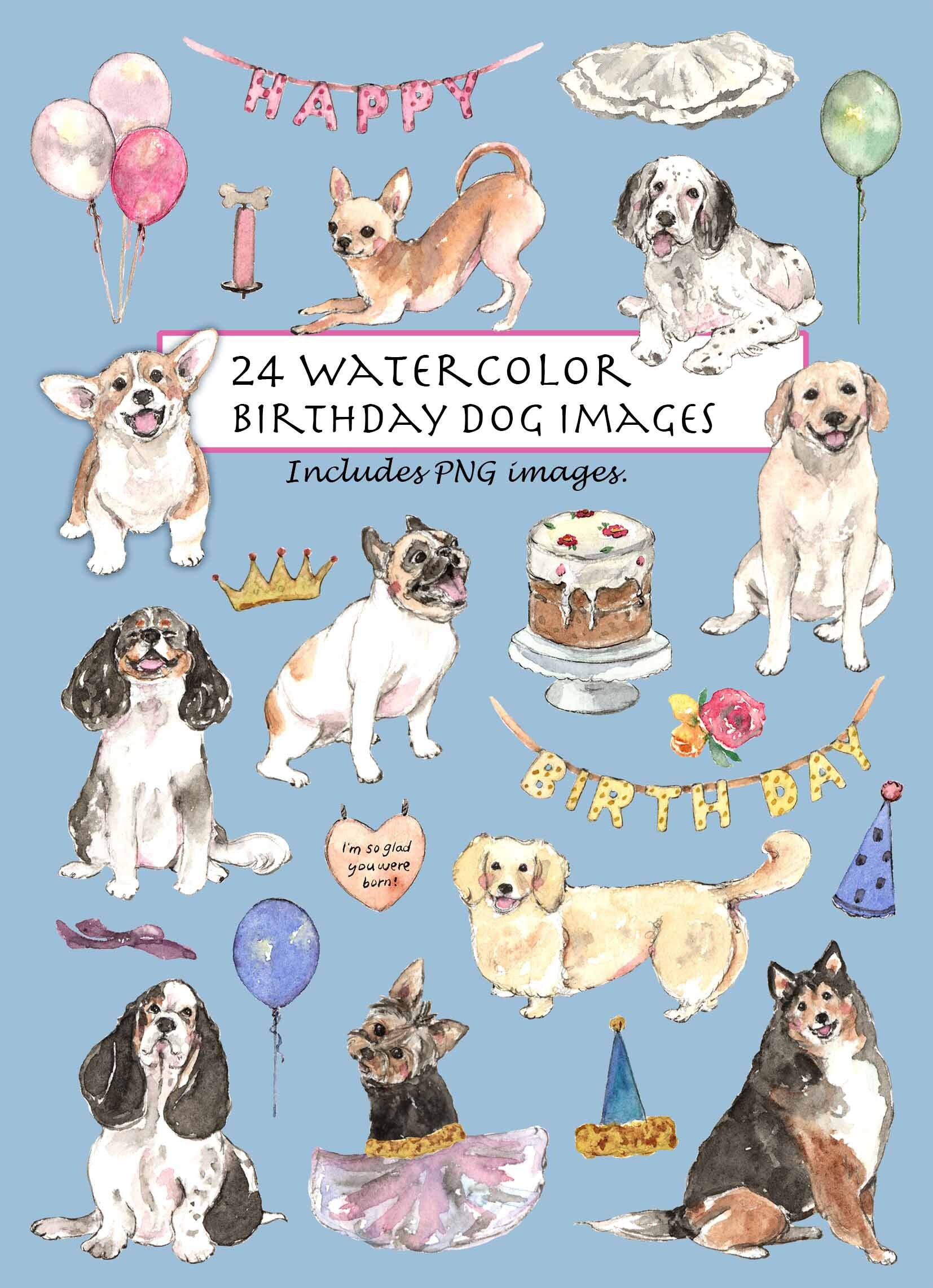 CLIP ART Watercolor Birthday Dog Set. 24 Images. Digital | Etsy