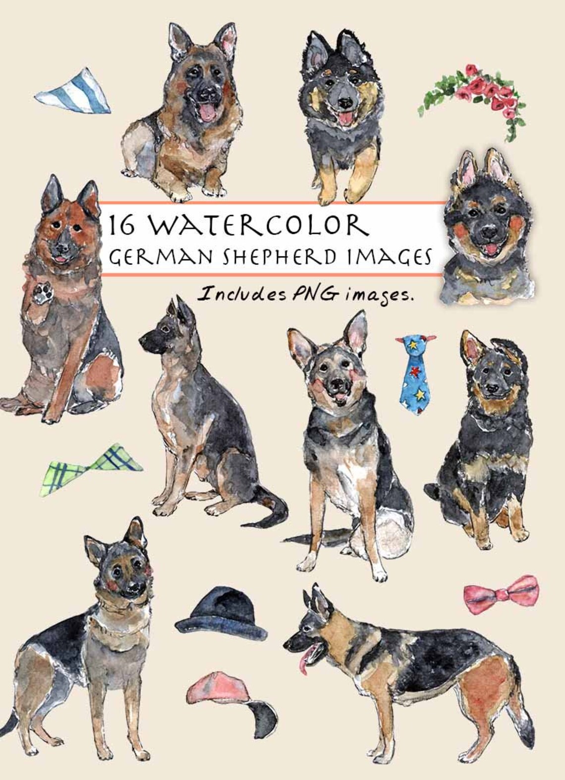 CLIP ART Watercolor German Shepherd Set. 16 Images. Digital - Etsy