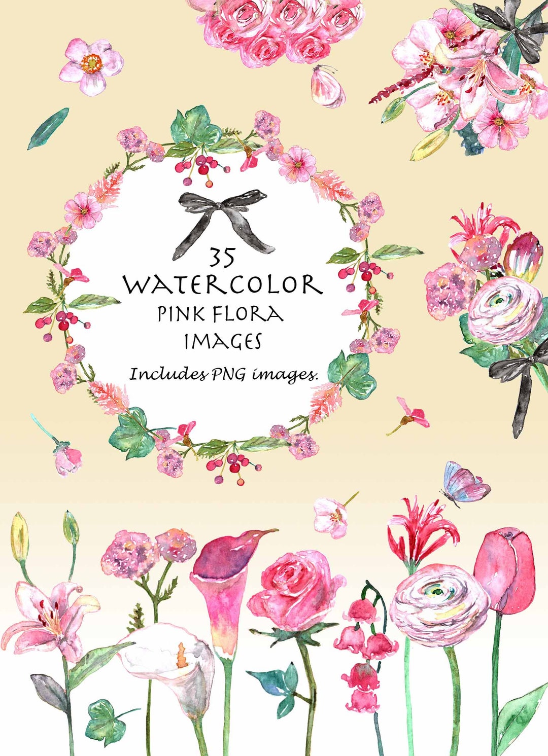 CLIP ART- Watercolor Pink Flora Theme Set. 35 Images. Digital Download ...