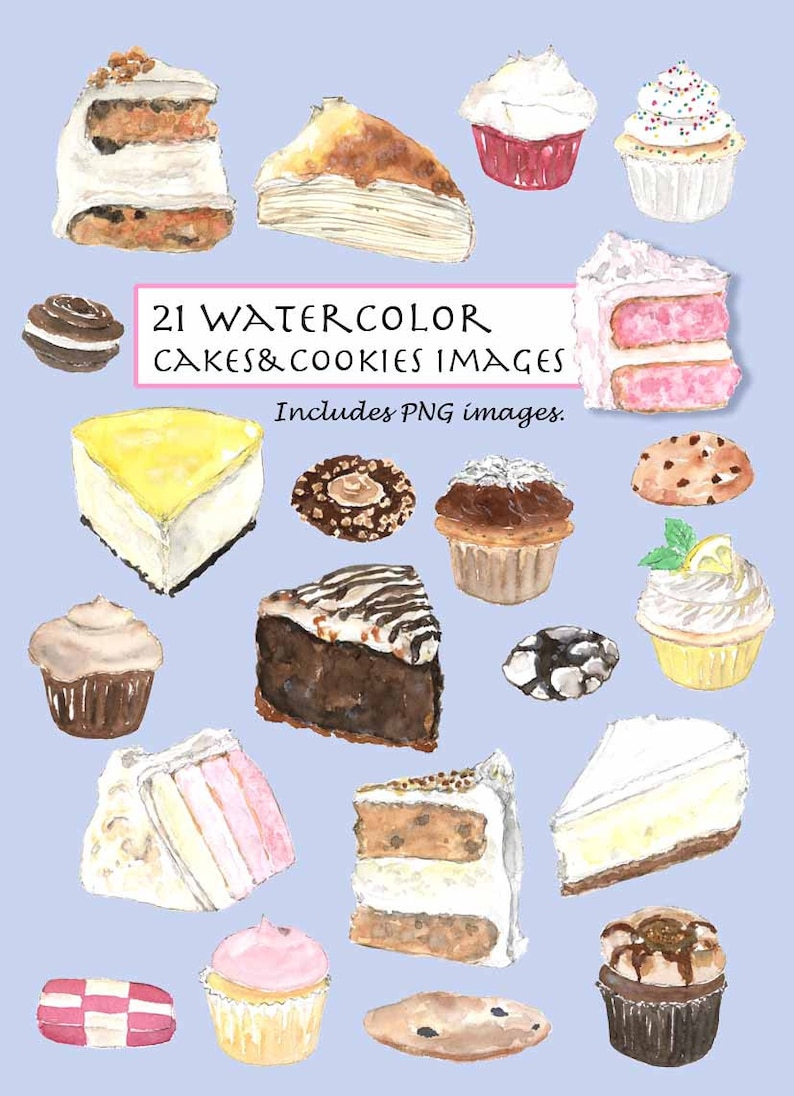 Watercolor Cakes & Cookies Clipart Set: 21 Bakery Images (digital ...