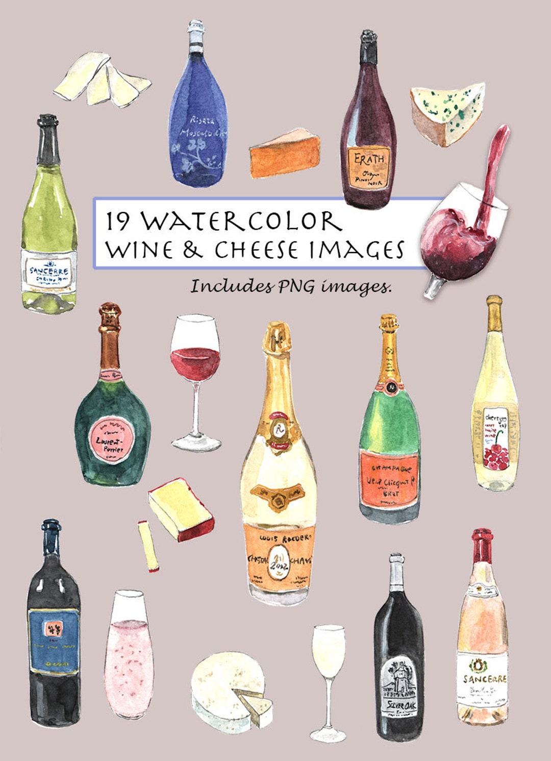 CLIP ART- Watercolor Wine & Cheese Set. 19 Images. Digital Download ...