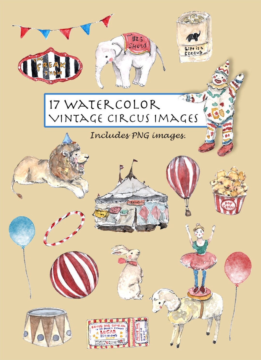 Watercolor Vintage Circus Clipart: 17 PNG Images (digital Download) - Etsy