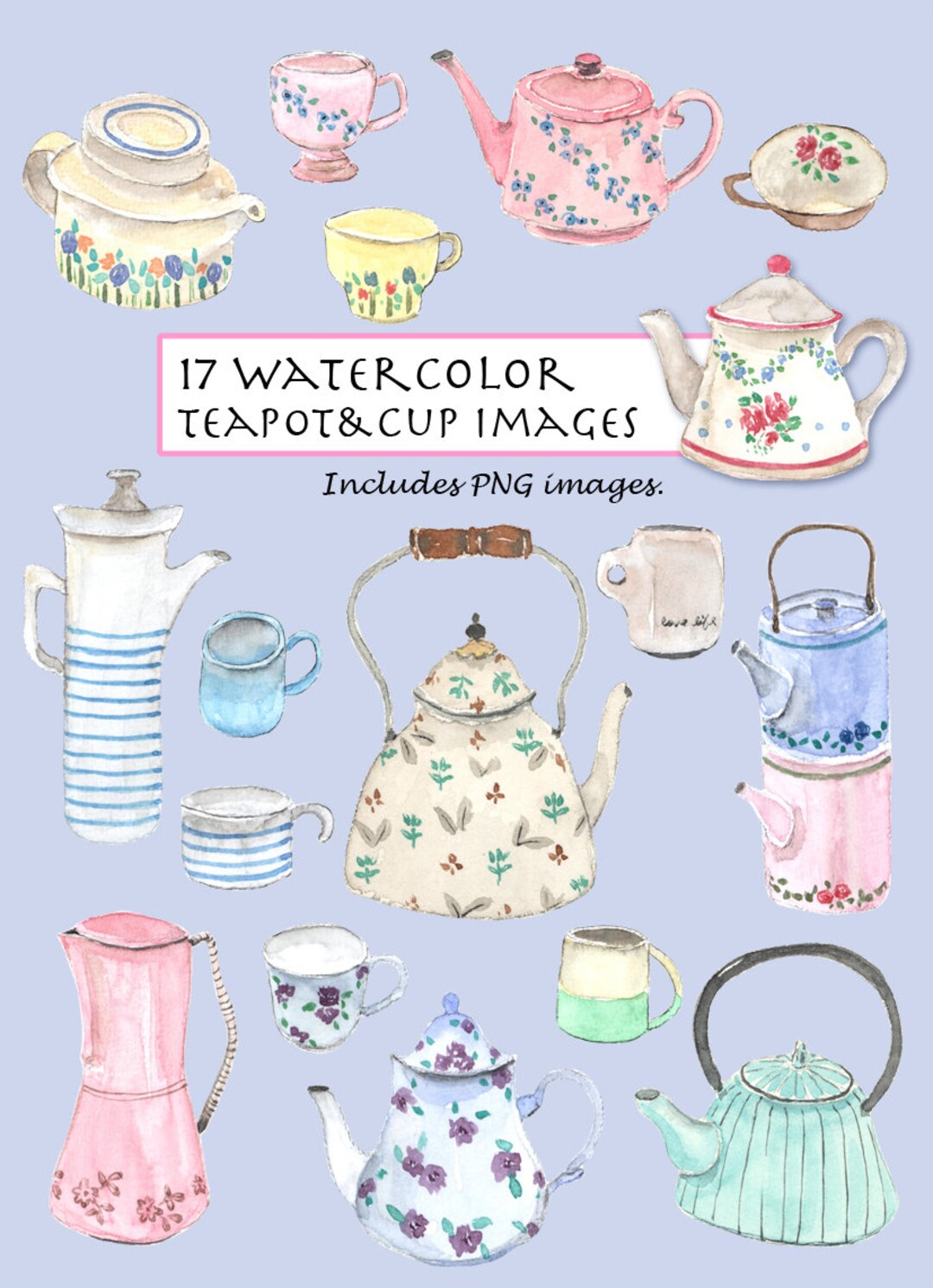 CLIP ART- Watercolor Vintage Teapot&cup Set. 17 Images. Digital ...
