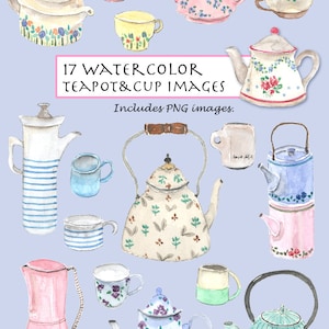 CLIP ART- Watercolor Vintage Teapot&cup Set. 17 Images. Digital ...