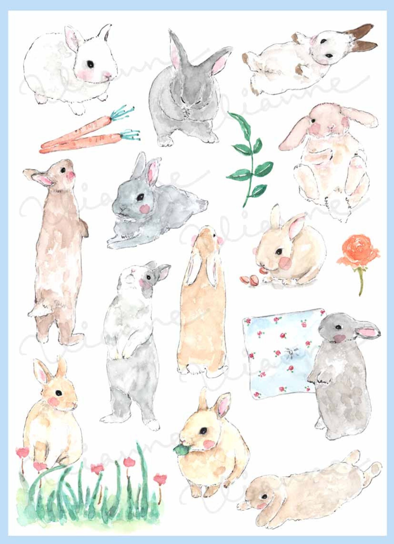 CLIP ART Watercolor Cute Bunny Set. 18 Images. Digital Download. Rabbit ...