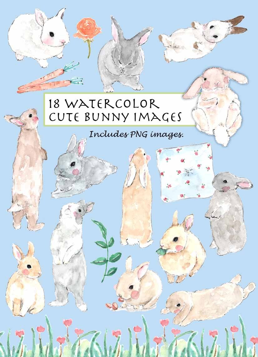 CLIP ART Watercolor Cute Bunny Set. 18 Images. Digital Download. Rabbit ...