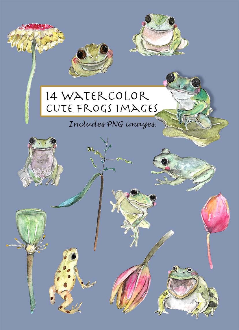 CLIP ART- Watercolor Cute Frogs & Plants Set. 14 Images. Digital ...