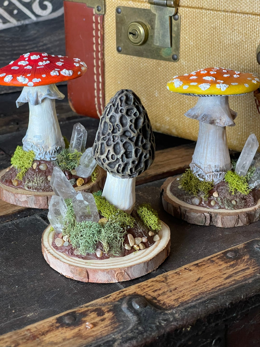 Single Polymer Clay Mushroom Sculpture With Quartz Crystals Amanita ...