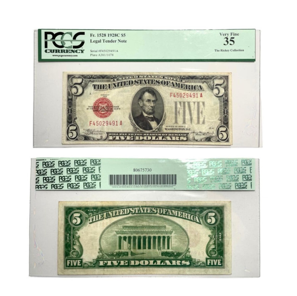 Series 1928-C Five Dollar Red Seal Legal Tender Note Fr. 1528 FA Block ...