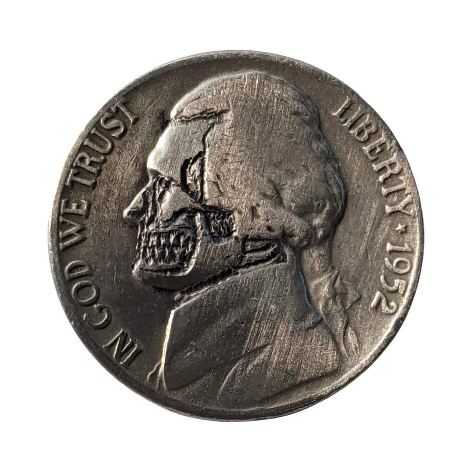 Rare- 1952 D HOBO Skeleton Zombie Jefferson Nickel/hand Carved Engraved ...