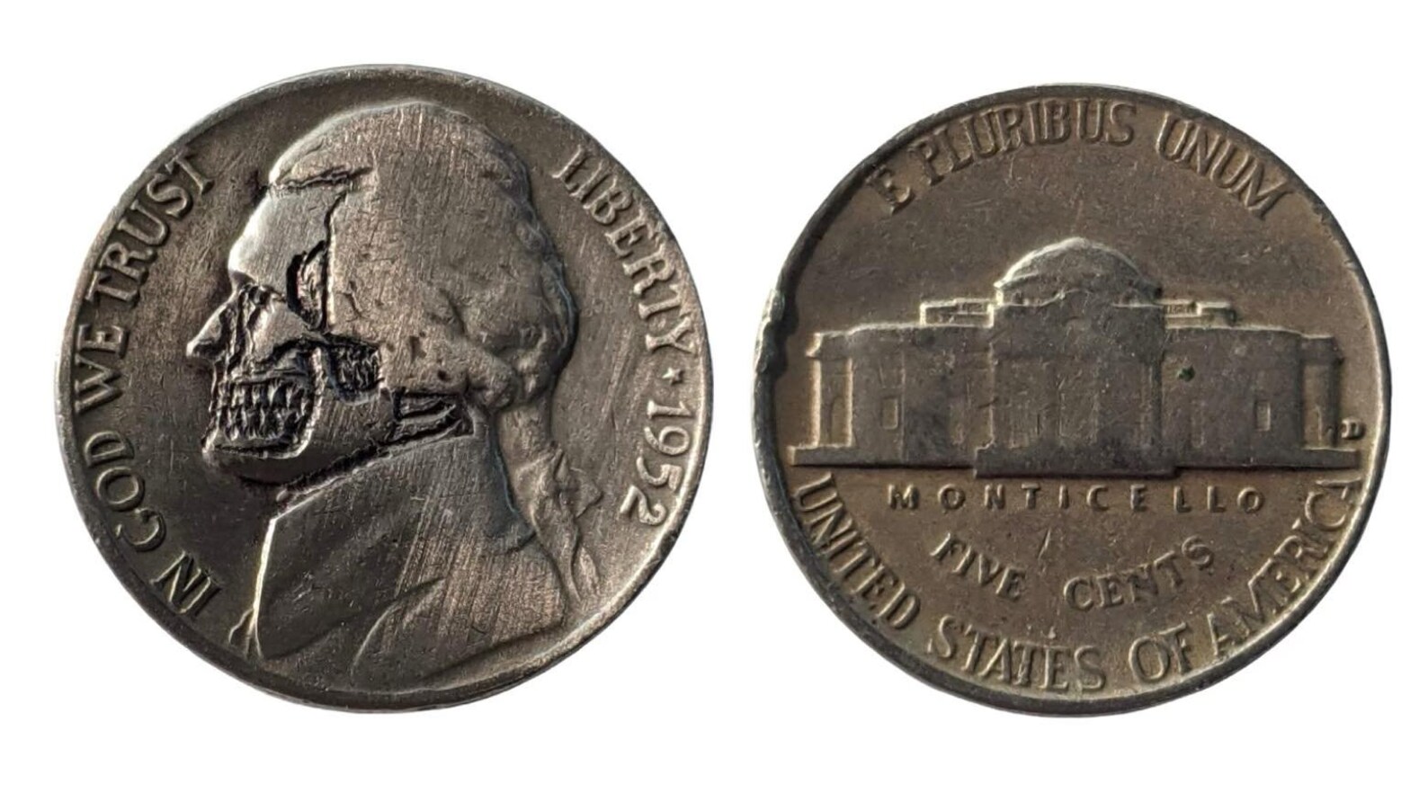 Rare- 1952 D HOBO Skeleton Zombie Jefferson Nickel/hand Carved Engraved ...