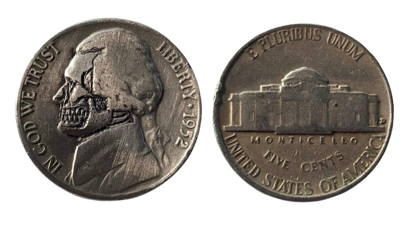 Rare- 1952 D HOBO Skeleton Zombie Jefferson Nickel/hand Carved Engraved ...