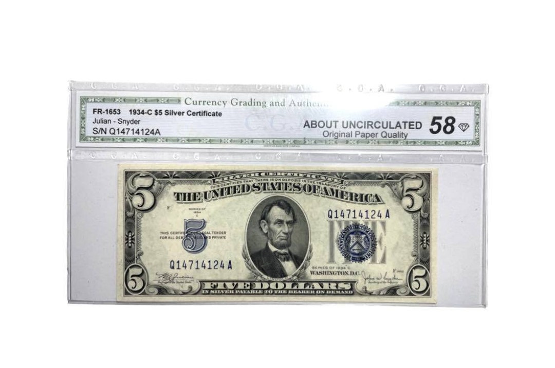 Certified 1934-C -five Dollar Silver Certificate Blue Seal Fr.1653 ...