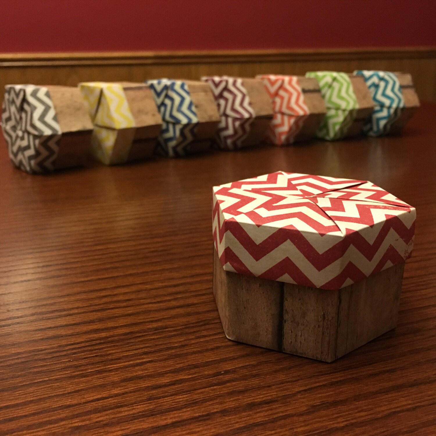Chevron and Wood Origami Hexagon Box With Lid - Etsy