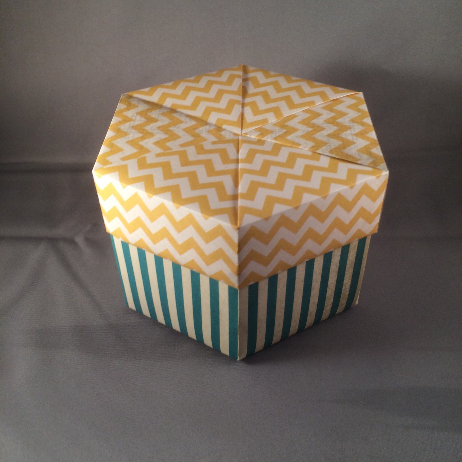 Chevron Origami Hexagon Box W/ Lid Teal Stripes With Yellow - Etsy