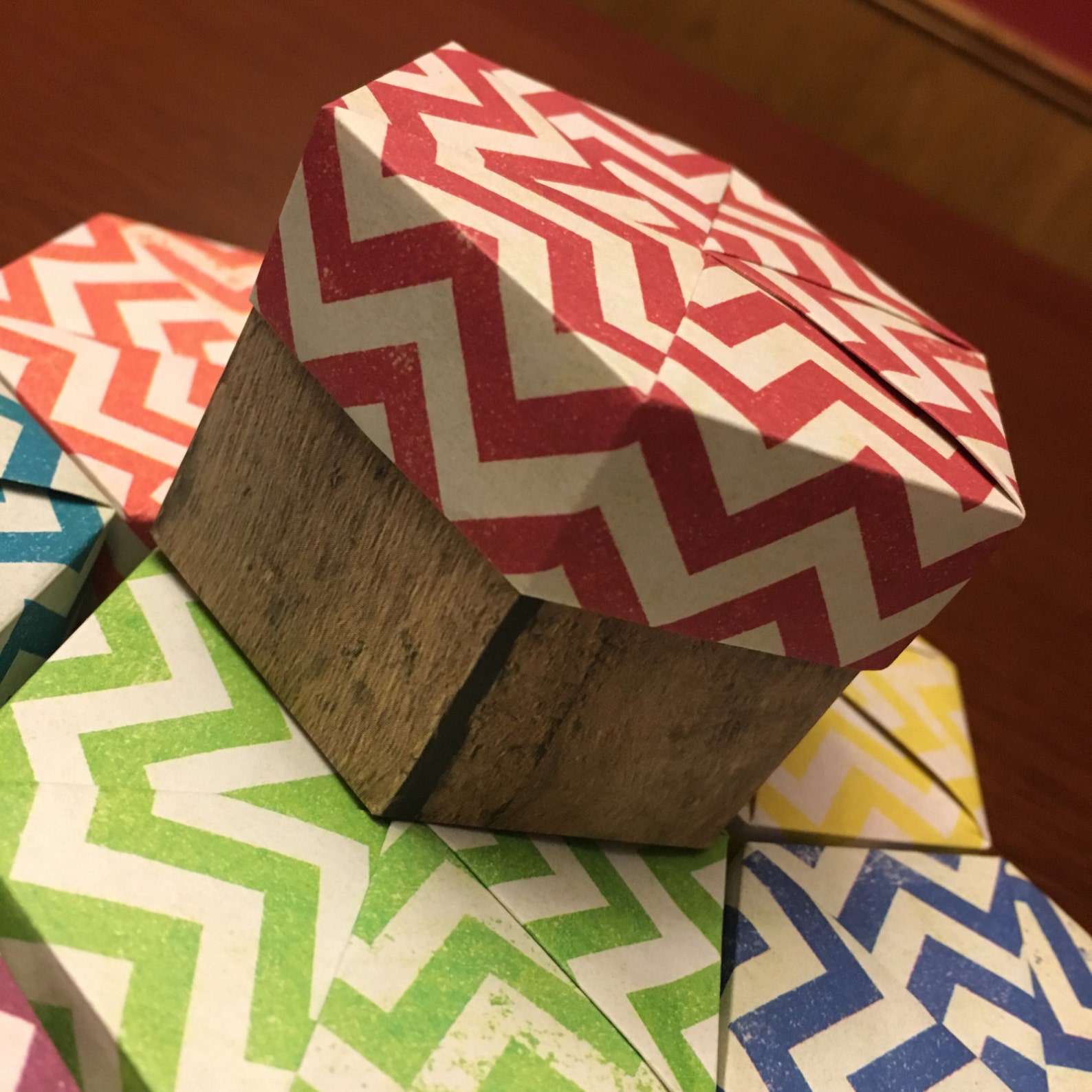 Chevron and Wood Origami Hexagon Box With Lid - Etsy