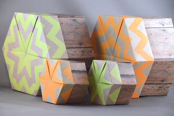 Rustic Origami Hexagon Box W/ Lid Chevron & Wood - Etsy