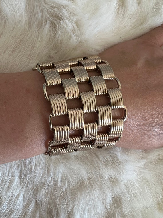 Vintage Chunky Block Chain Mesh Gold Bracelet - Gem
