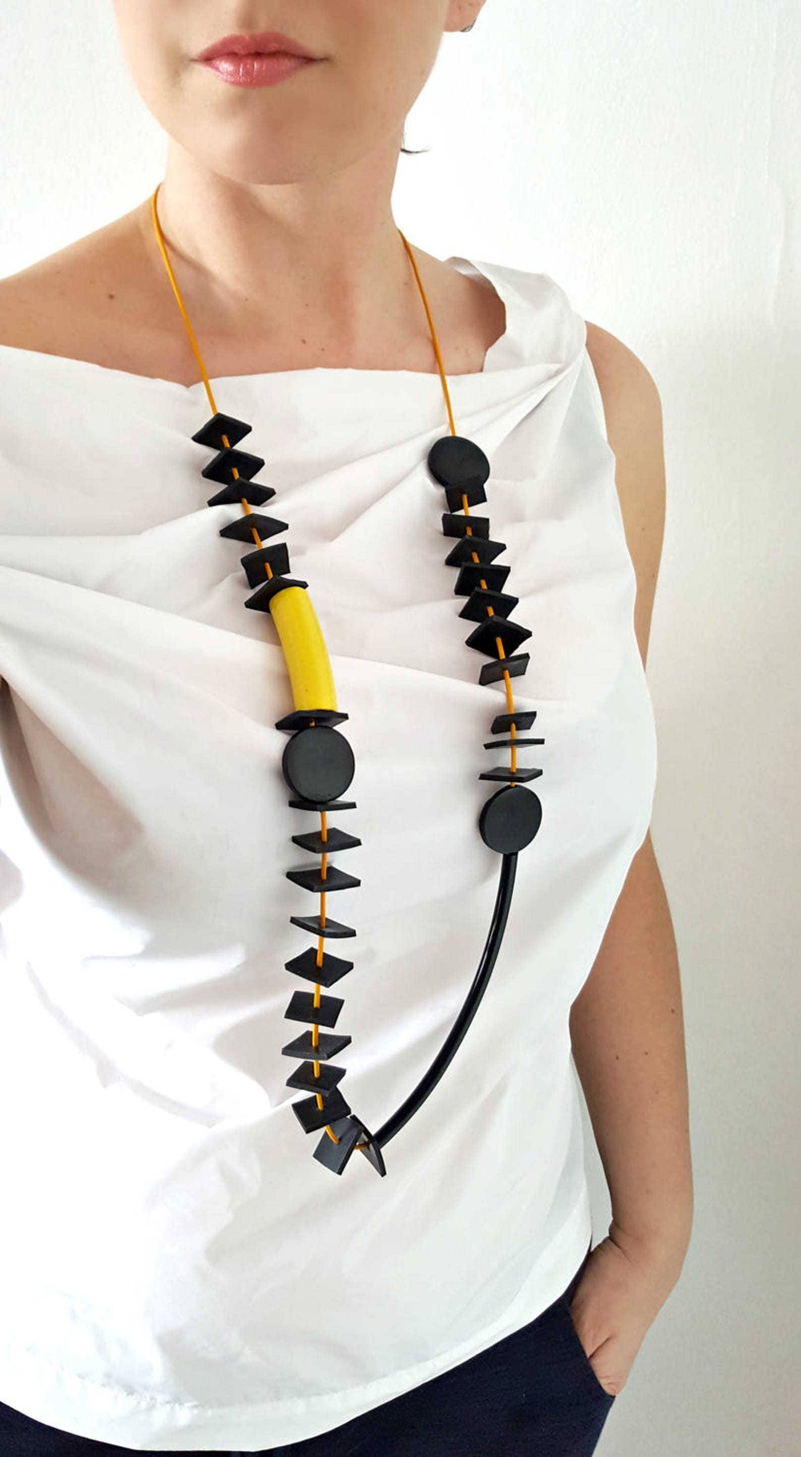 Long Statement Necklace Leather Necklace Modern Necklace - Etsy