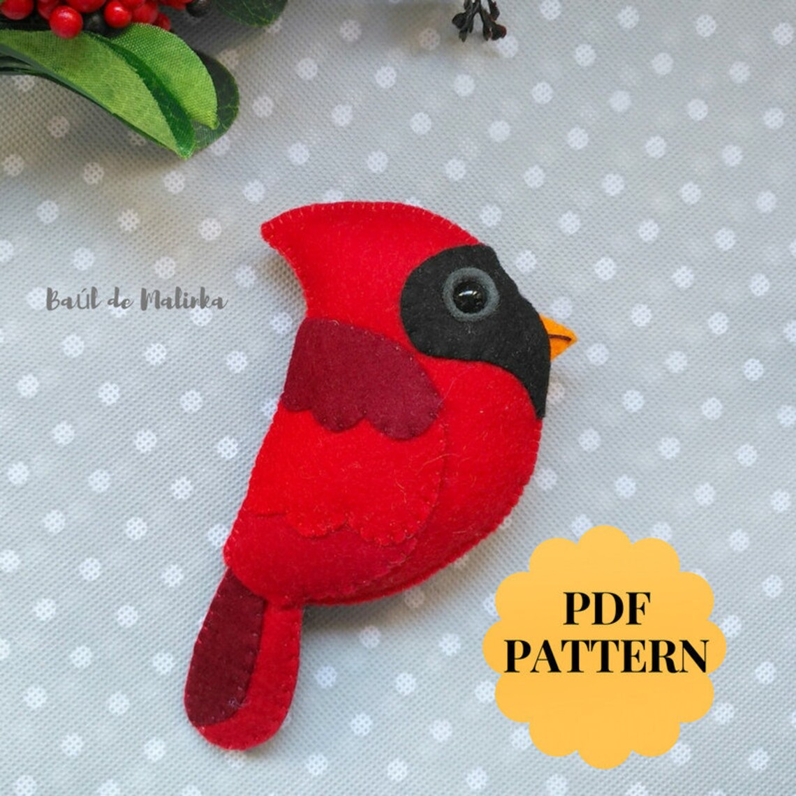 Felt Cardinal Christmas Ornament Pattern, Bird Sewing Tutorial (PDF ...