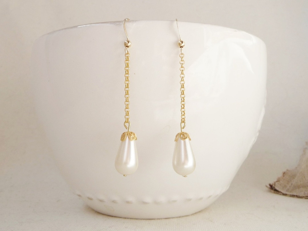Long Drop Pearl Wedding Earrings leanor Silver or Gold, Pearl Wedding ...