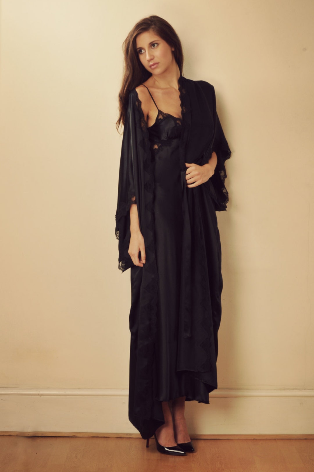 Long Silk Robe, Black Satin Dressing Gown, Lace Floor Length Kimono ...
