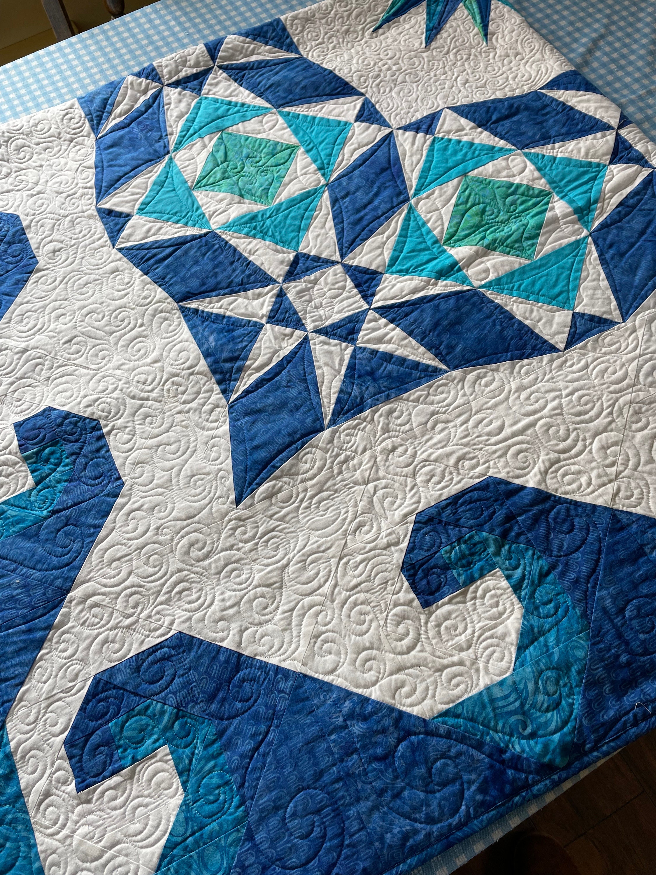 Mariners Compass, Storm at Sea and Ocean Waves in Blue and Teal Batik ...