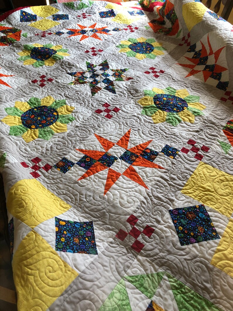 Queen Size Sampler Quilt in Bright Colors and Fun Fabrics - Etsy