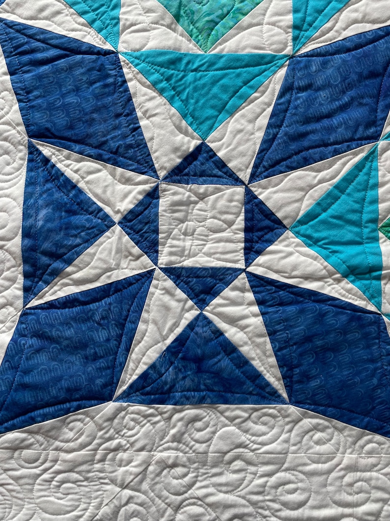 Mariners Compass, Storm at Sea and Ocean Waves in Blue and Teal Batik ...