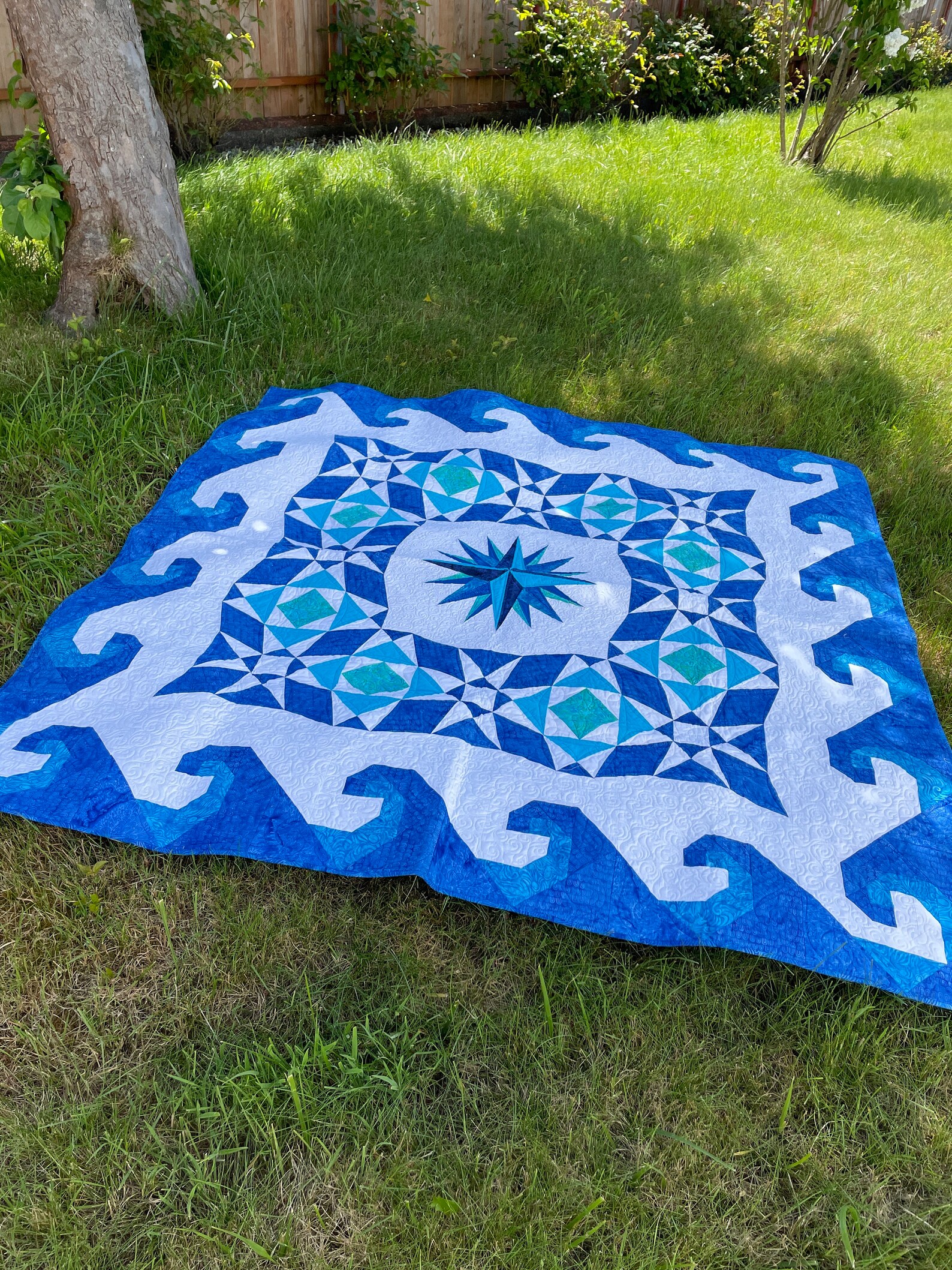 Mariners Compass, Storm at Sea and Ocean Waves in Blue and Teal Batik ...