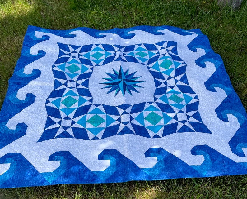 Mariners Compass, Storm at Sea and Ocean Waves in Blue and Teal Batik ...