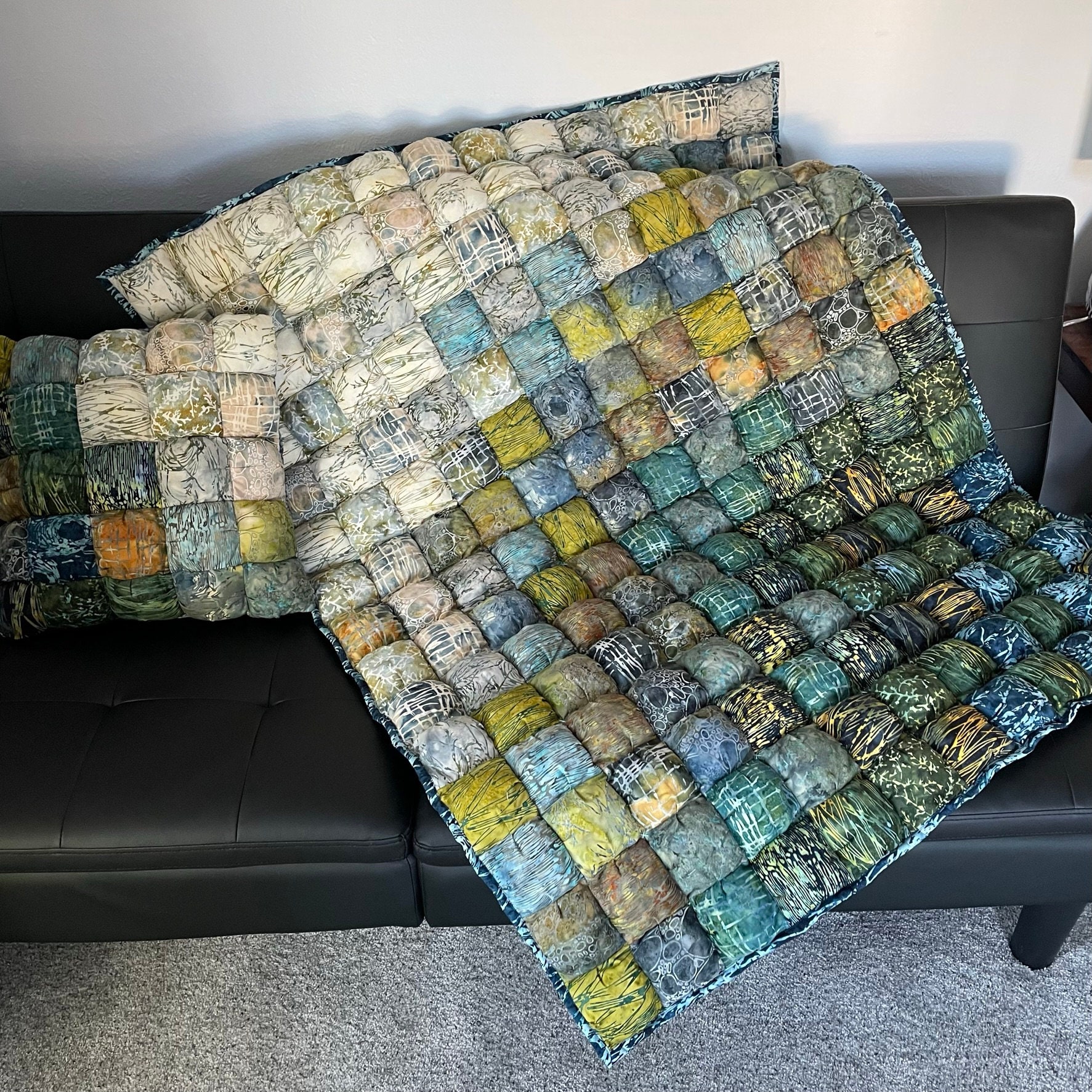 River Walk Puff Quilt and Cushion - Batik Quilt, Stuffed With Fiberfill ...