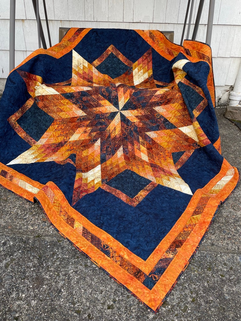 Queen Size Lone Star in Brown and Blue Batiks, 91 X 91 Inches, Blue ...