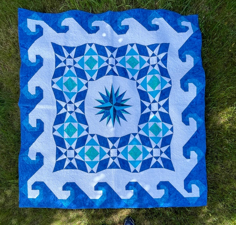 Mariners Compass, Storm at Sea and Ocean Waves in Blue and Teal Batik ...