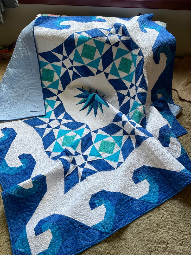 Mariners Compass, Storm at Sea and Ocean Waves in Blue and Teal Batik ...