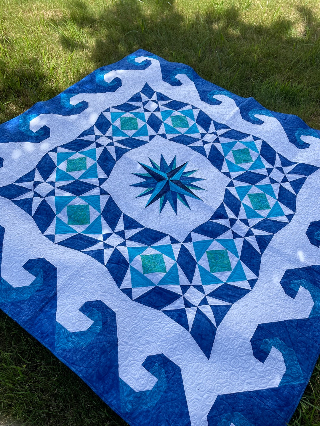 Mariners Compass, Storm at Sea and Ocean Waves in Blue and Teal Batik ...