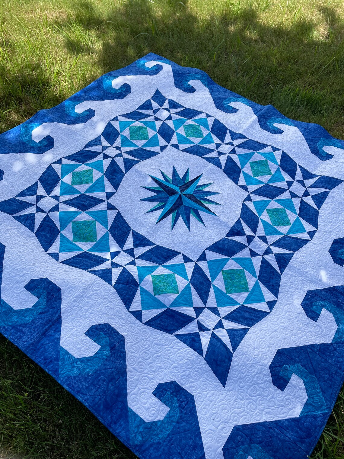 Mariners Compass, Storm at Sea and Ocean Waves in Blue and Teal Batik ...