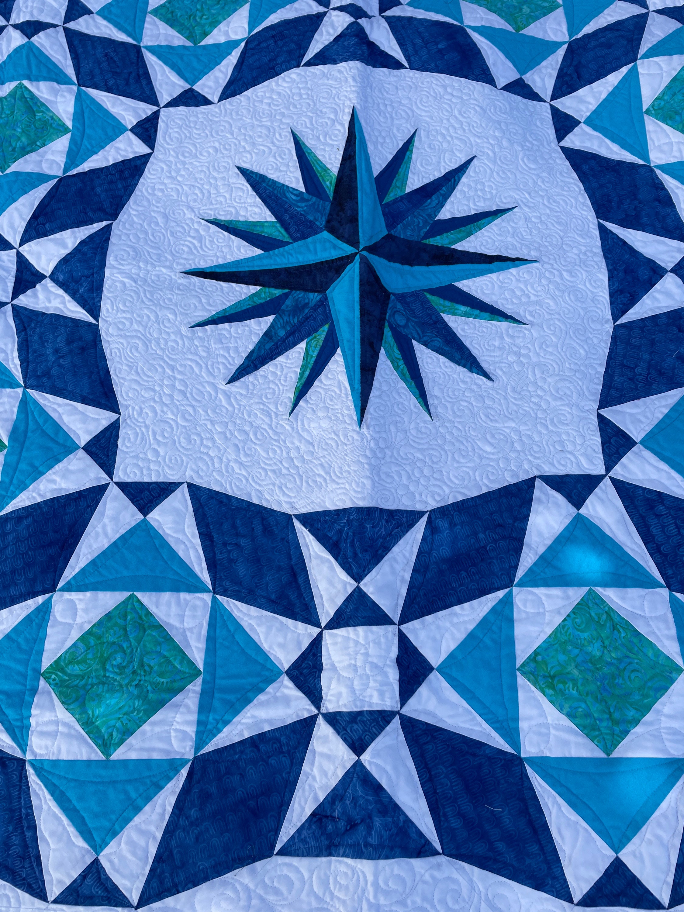 Mariners Compass, Storm at Sea and Ocean Waves in Blue and Teal Batik ...