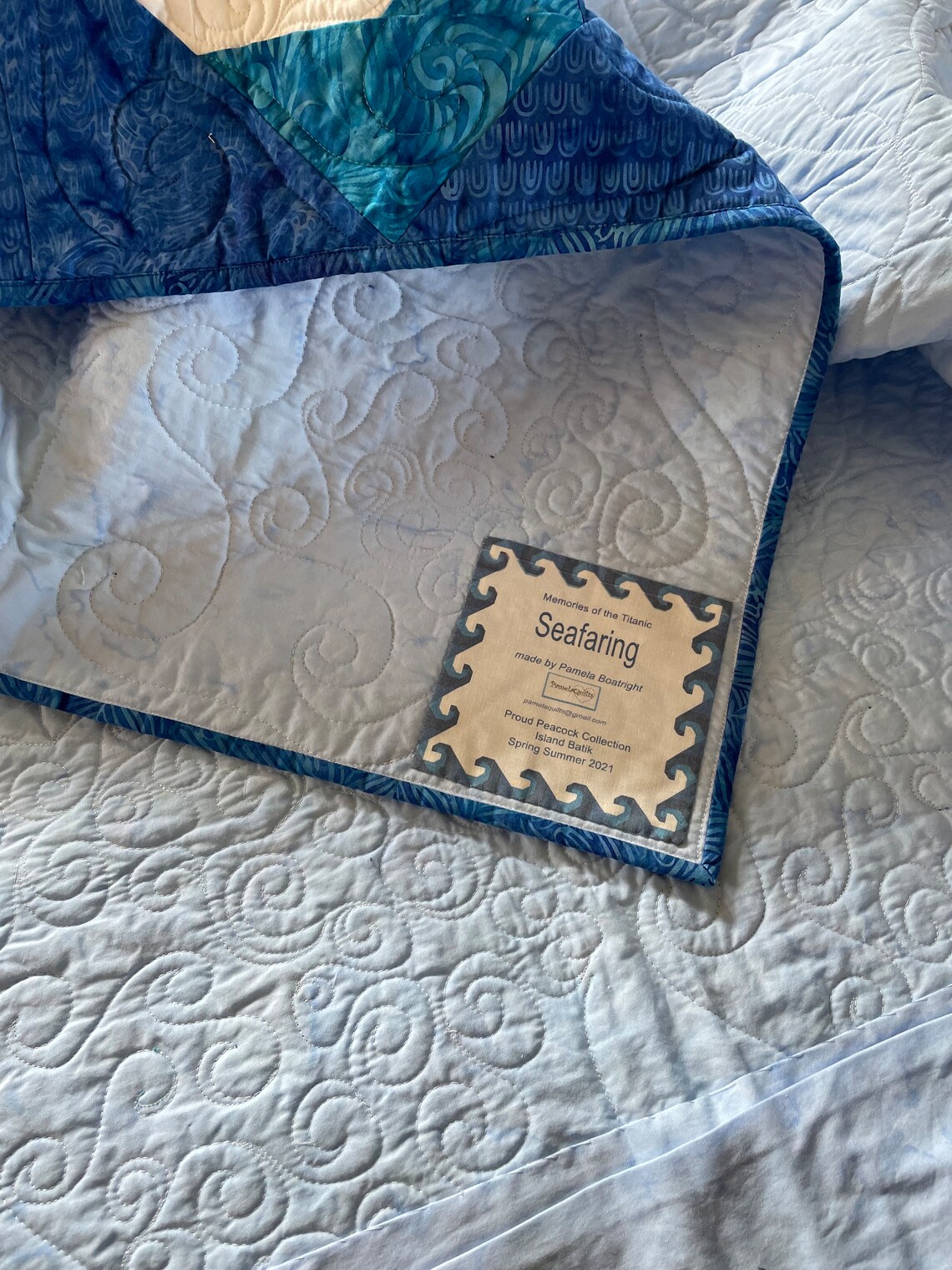 Mariners Compass, Storm at Sea and Ocean Waves in Blue and Teal Batik ...