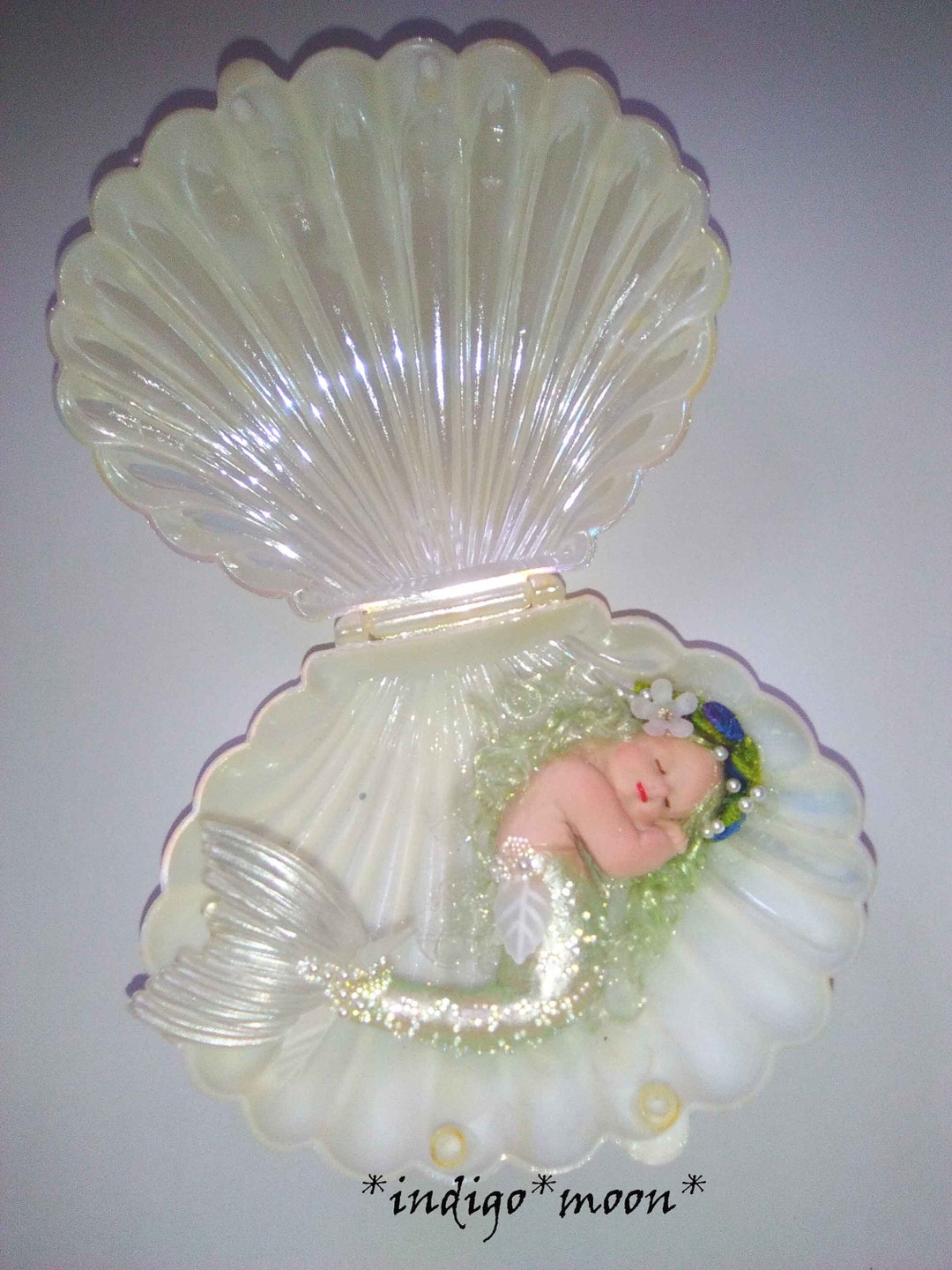 OOAK Polymer Clay Baby Mermaid Miniature in Shell Shaped Box - Etsy