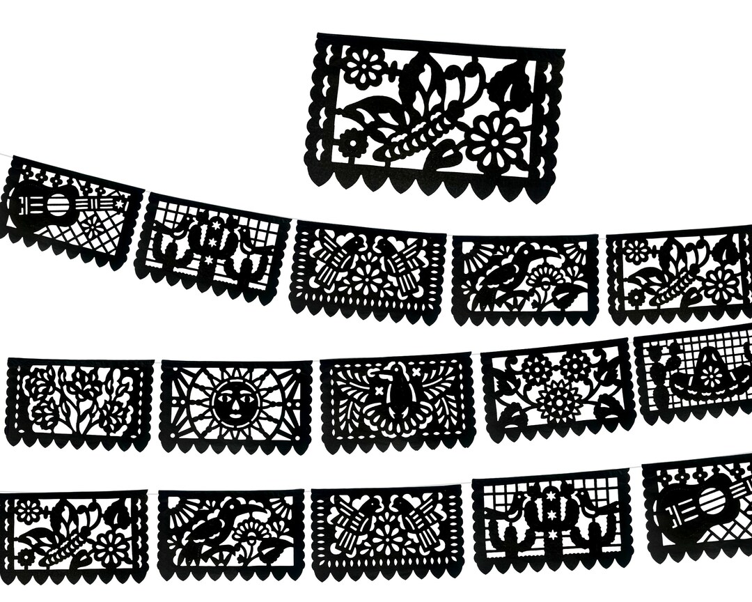 Papel Picado Black Banner, Fiesta Decorations, Mexico Paper Picado ...