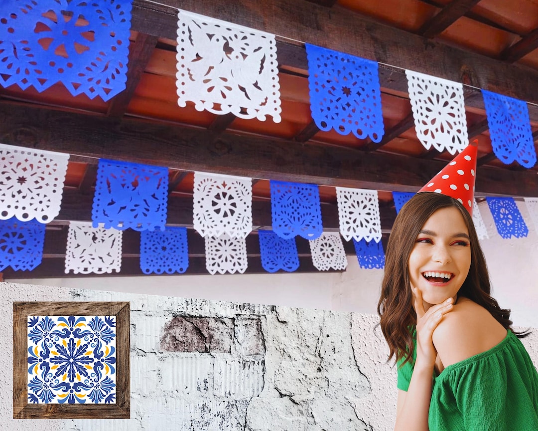 Talavera Blue & White Papel Picado Banners: Fiesta Party Decor, 50 Feet ...